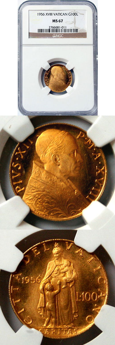 Jencius Coins - 1956 Vatican 100 Lire Gold NGC MS67 Jencius Coins - 1956 Vatican 100 Lire Gold NGC MS67